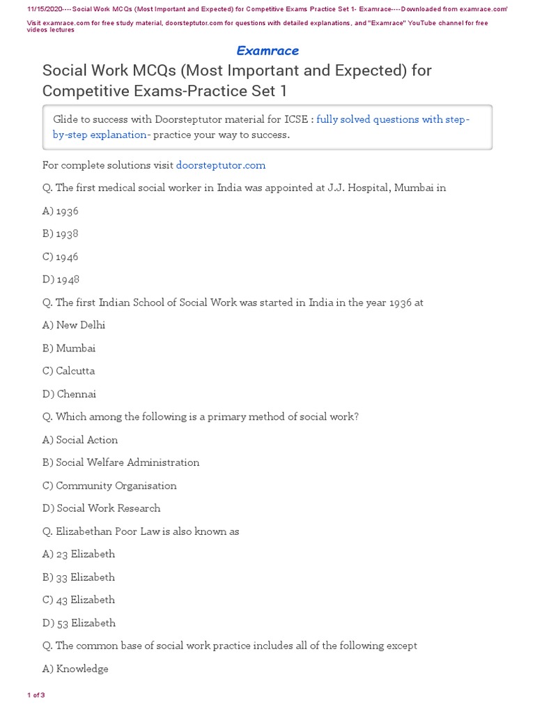Social Work MCQs For Practice Set 1 | PDF | Social Work | Human Nature