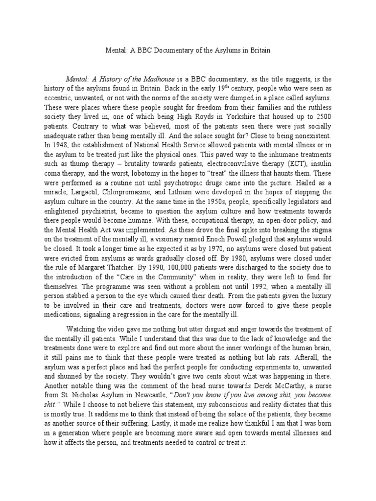Documentary Reflection | PDF | Psychiatric Hospital | Mental Disorder