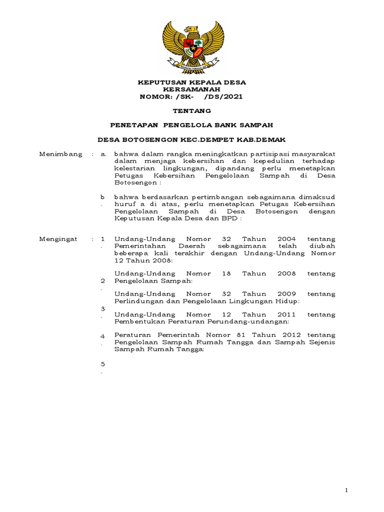 SK Bank Sampah Desa Botosengon | PDF