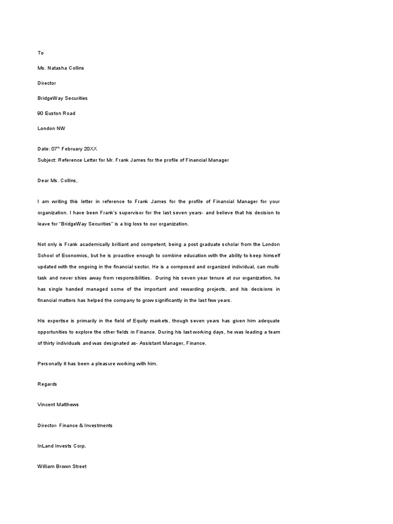 Manager Financial Reference Letter. | PDF