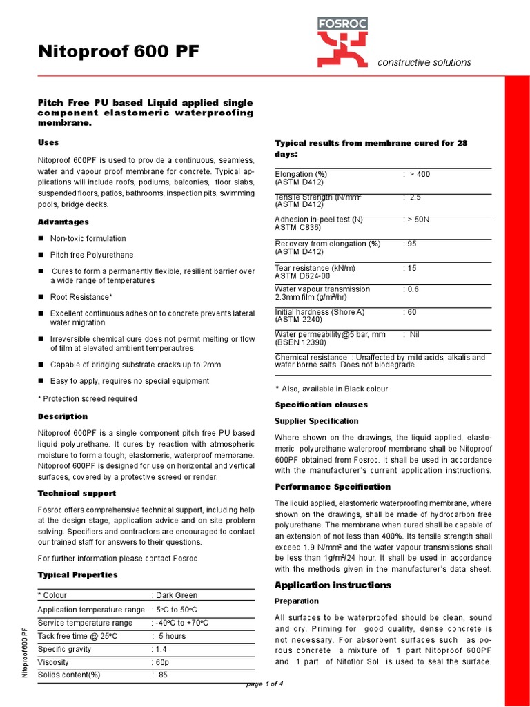 Nitoproof 600 PF: Pitch Free PU Based Liquid Applied Single Component ...