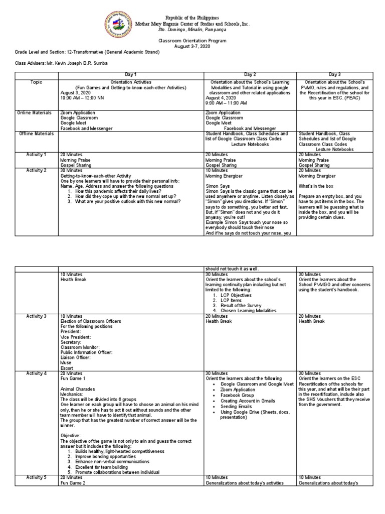 Classroom Orientation Program Overview | PDF | Behavior Modification ...