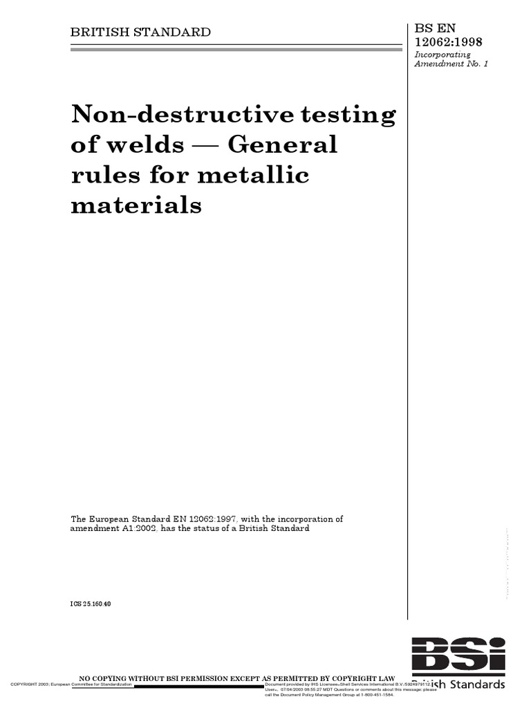 BS en 12062 | PDF | Nondestructive Testing | Welding