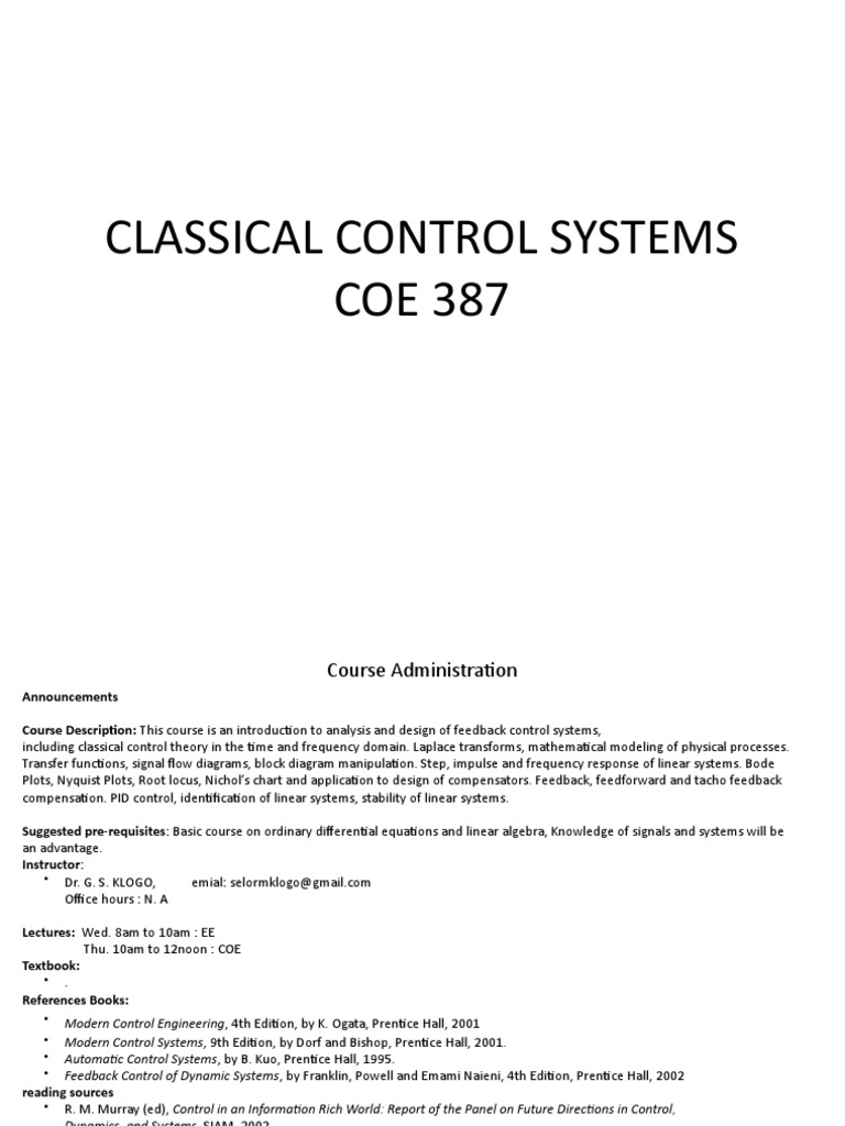Classical Control Systems COE 387 | Download Free PDF | Control System ...
