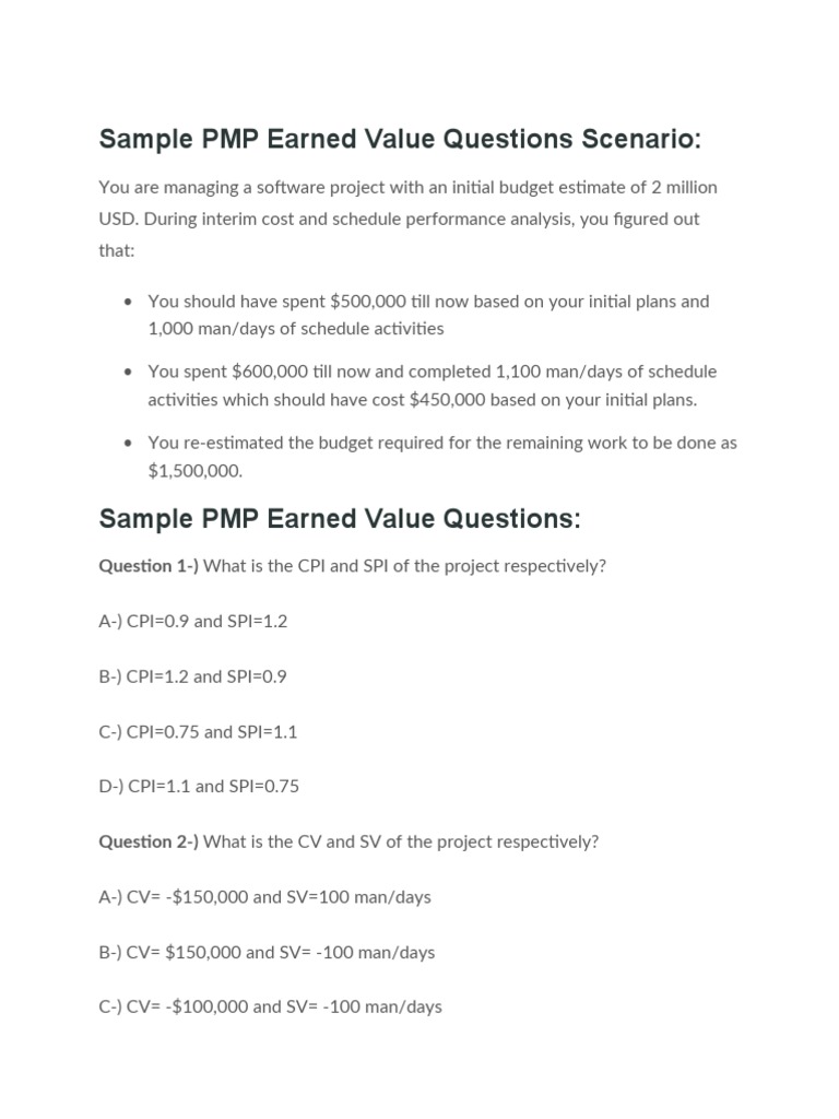 Sample PMP Earned Value Questions Scenario | PDF | Risk | Business