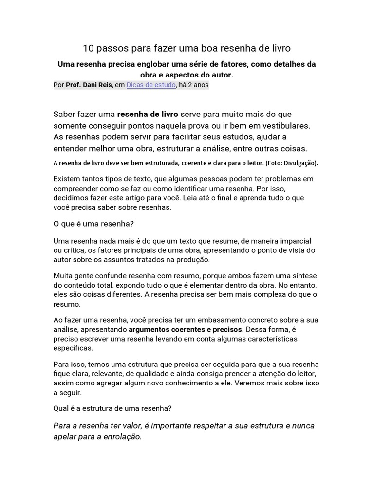 10 Passos para Fazer Uma Boa Resenha de Livro | PDF | Livros | Autor