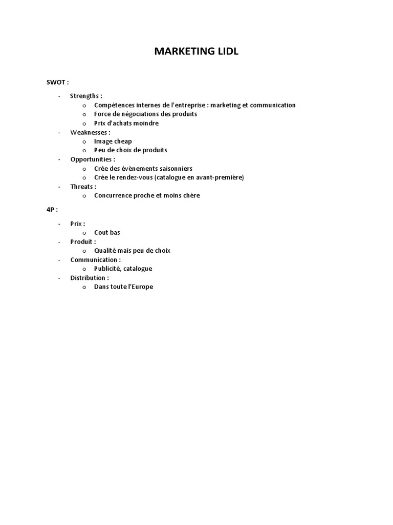 Stratégie Marketing Lidl : SWOT et 4P | PDF | Affaires | Sciences sociales