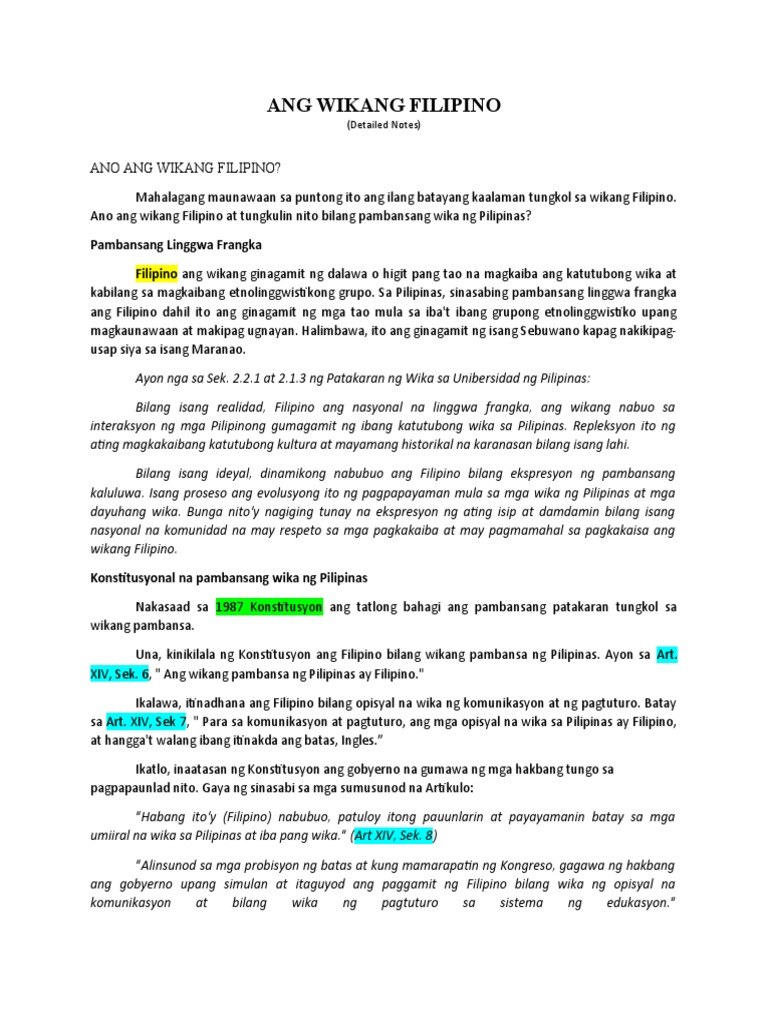 Ang Wikang Filipino Notes | PDF