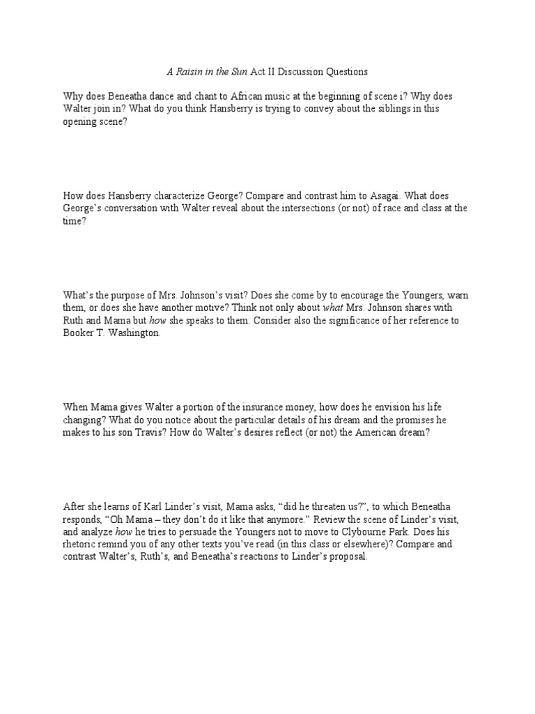 Act II Discussion Questions for Raisin | PDF