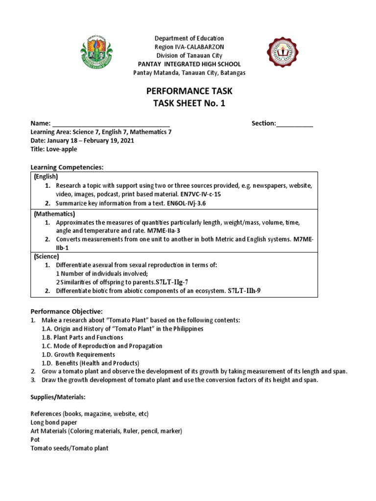 Performance Task Task Sheet No. 1: Name: - Section | PDF | Reproduction ...