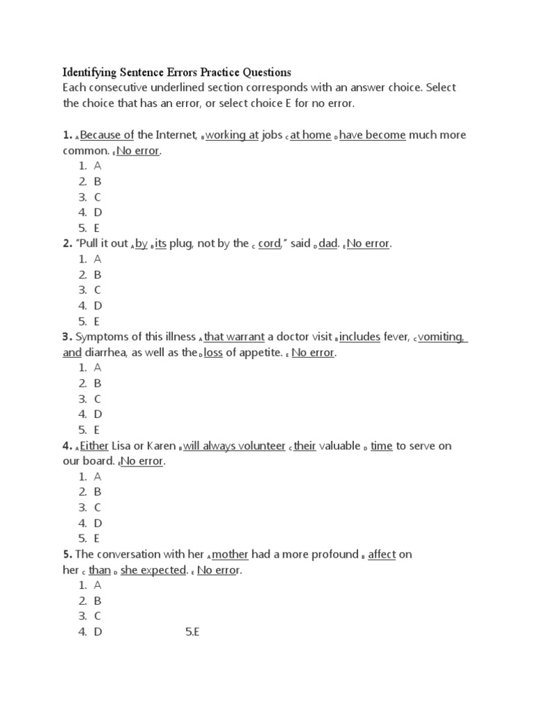 Identifying Sentence Errors Practice Questions | PDF | Grammatical Number | Verb