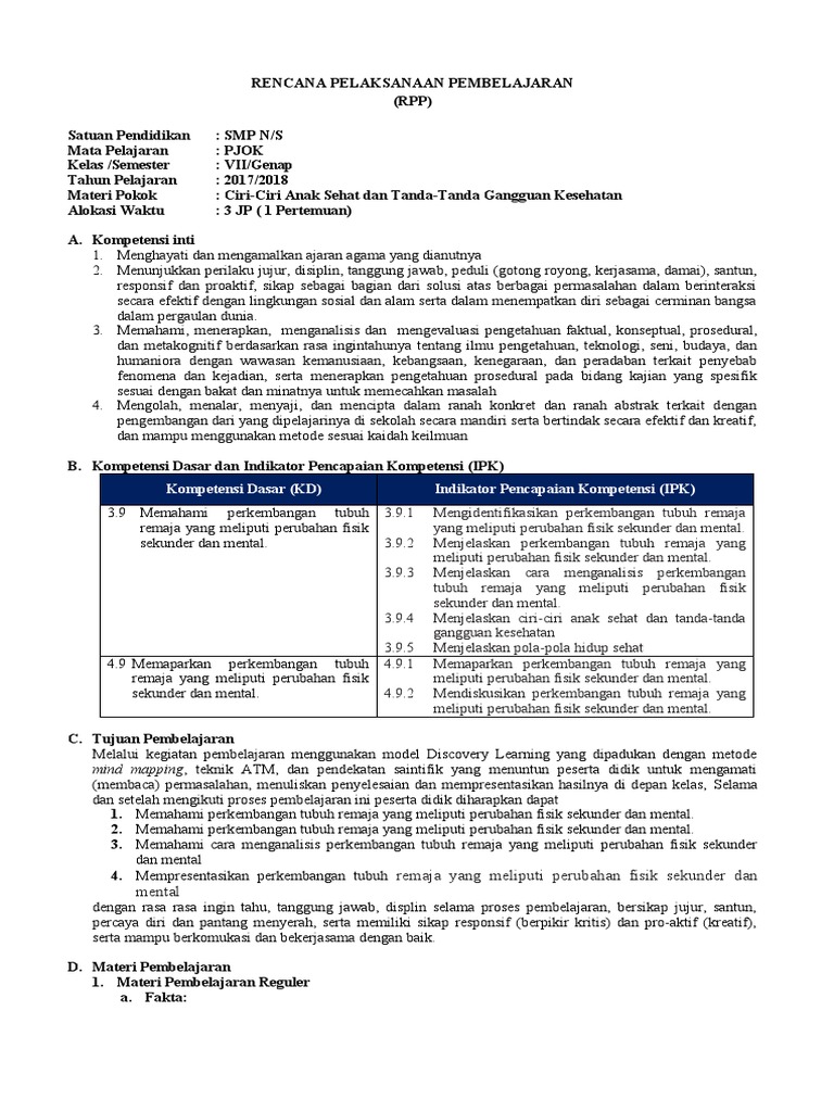 RPP PJOK Kelas VII: Anak Sehat | PDF | Karier & Perkembangan
