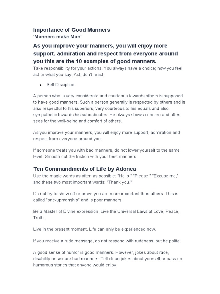 Importance of Good Manners in Life | PDF | Etiquette | Human Nature