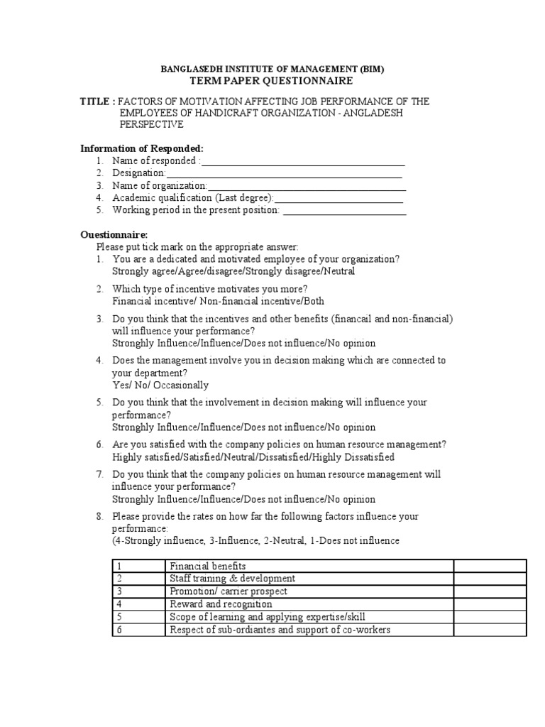 Employee Motivation Factors Questionnaire | PDF | Employment | Motivation