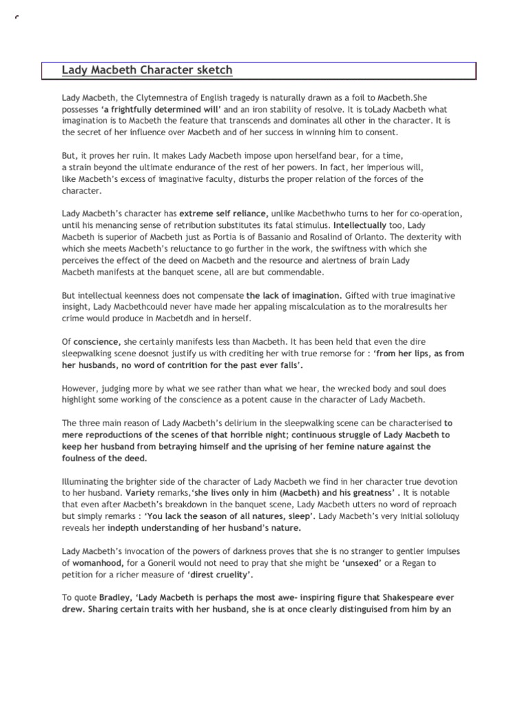 MACBETH Lady Macbeth Character Sketch | PDF | Macbeth