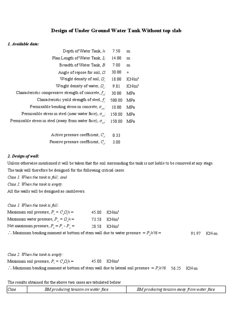 Underground Water Tank Design Guide | PDF | Bending | Stress (Mechanics)