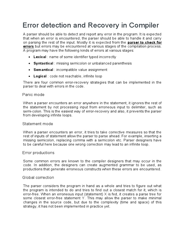 Error Detection And Recovery In Compiler Pdf Parsing Computer Programming
