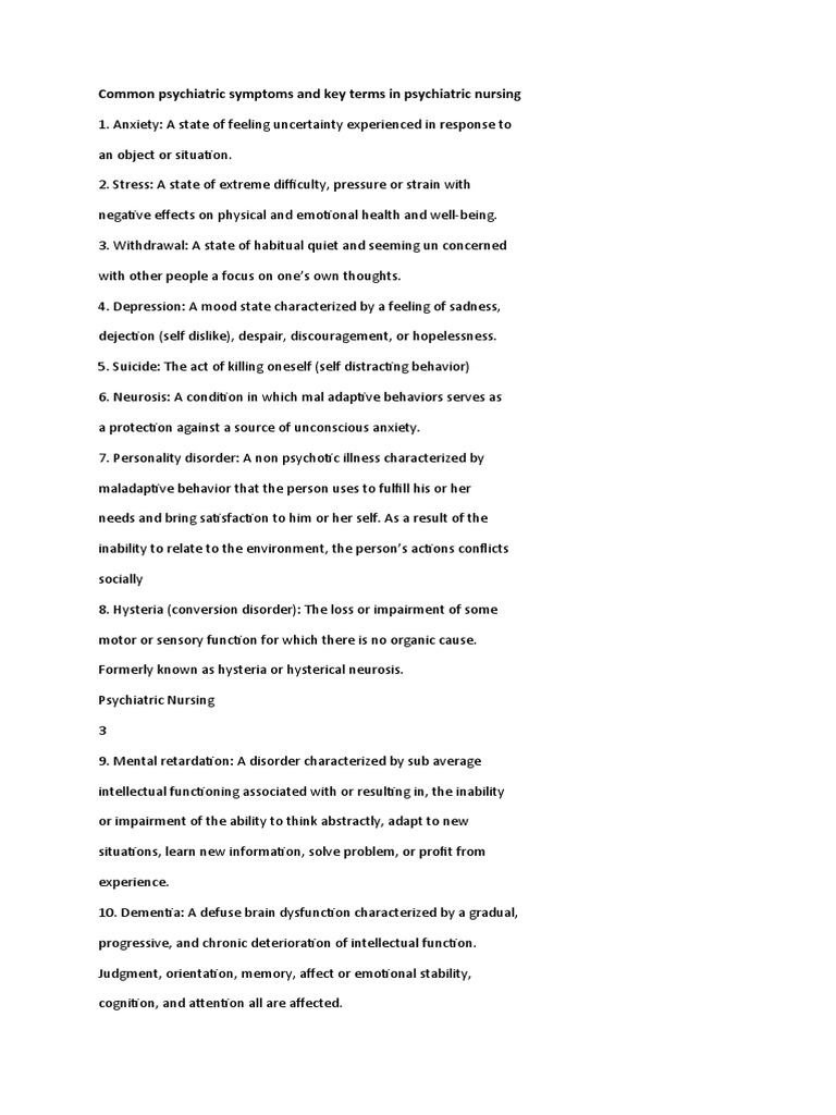 Common Psychiatric Symptoms and Key Terms in Psychiatric Nursing | PDF ...