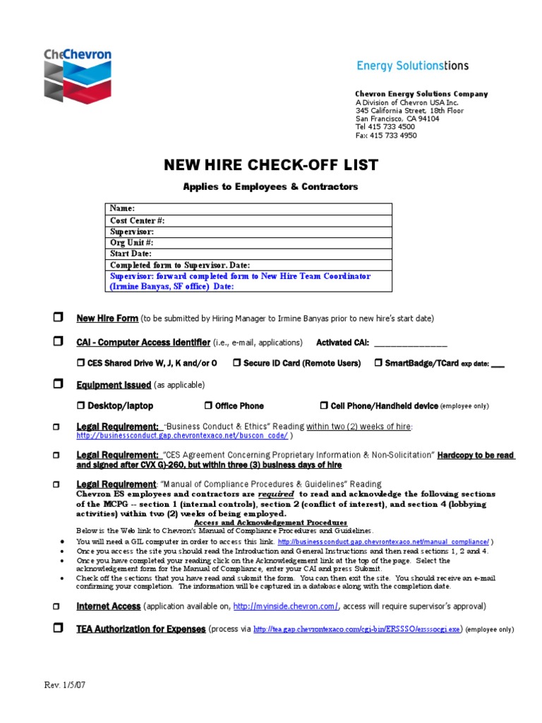 New Hire Check-Off List: Name: Cost Center #: Supervisor: Org Unit ...