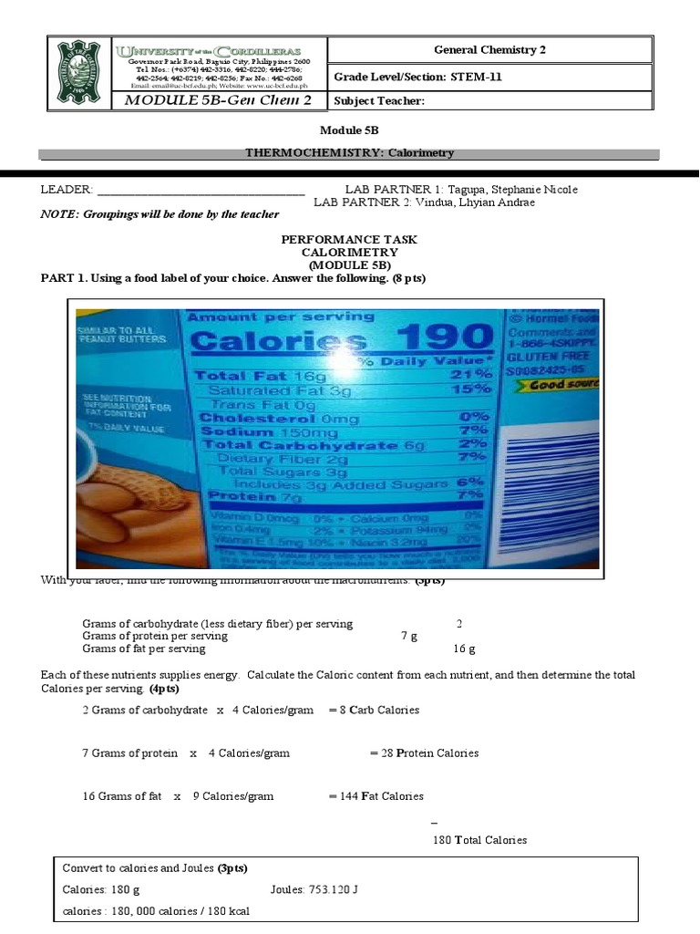 Module 5B PERFORMANCE TASK 1 | PDF | Calorie | Mole (Unit)