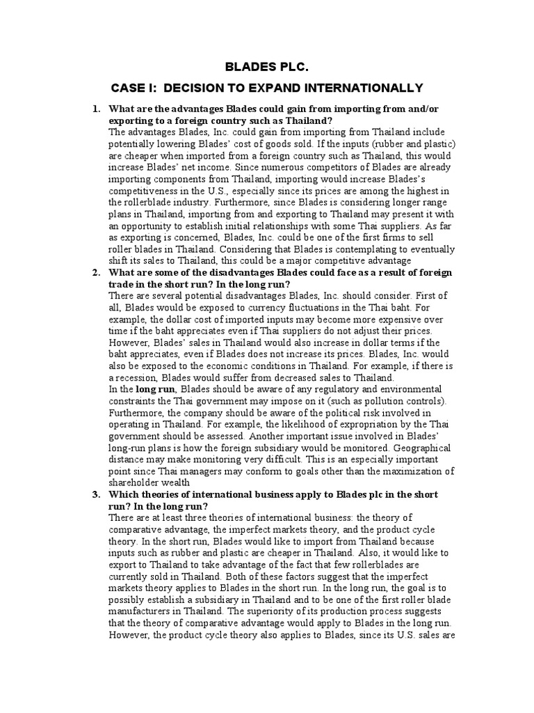 Blades Plc. Case I: Decision To Expand Internationally | Download Free ...