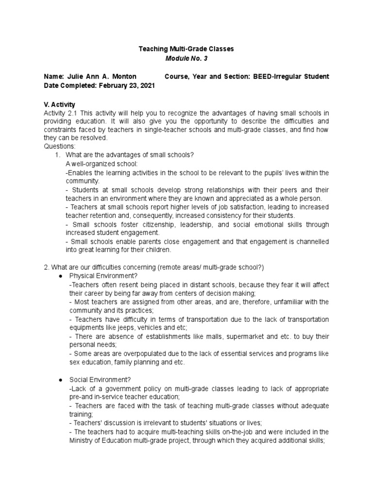 Teaching Multi-Grade Classes Module No. 3 | PDF | Schools | Teachers