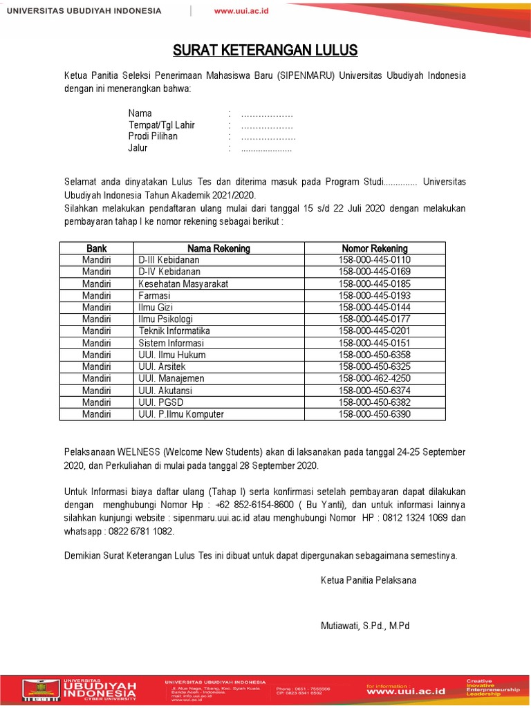 Surat Keterangan Lulus Tes Ubudiyah | PDF