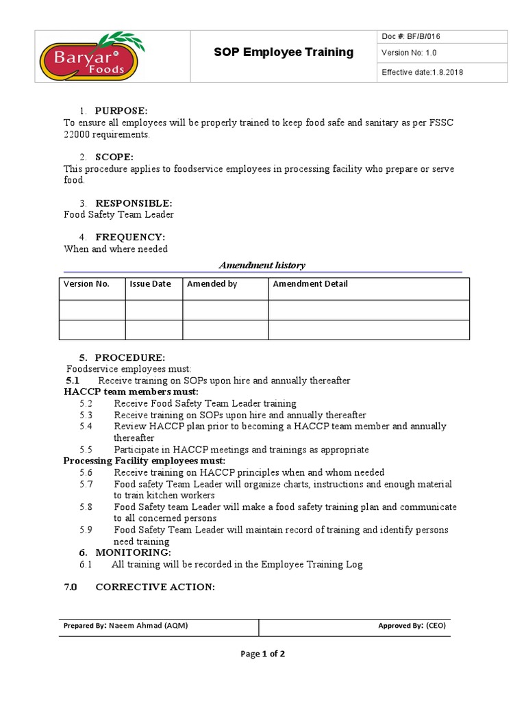 BF 016 - SOP Employees Training | PDF