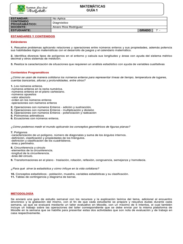 Guía 1 - Septimo - 1T - Diagnóstico Números Enteros - 2021 | PDF ...