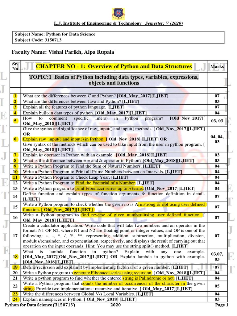 Chapter No 1 Overview Of Python And Data Structures Faculty Name Vishal Parikh Alpa Rupala