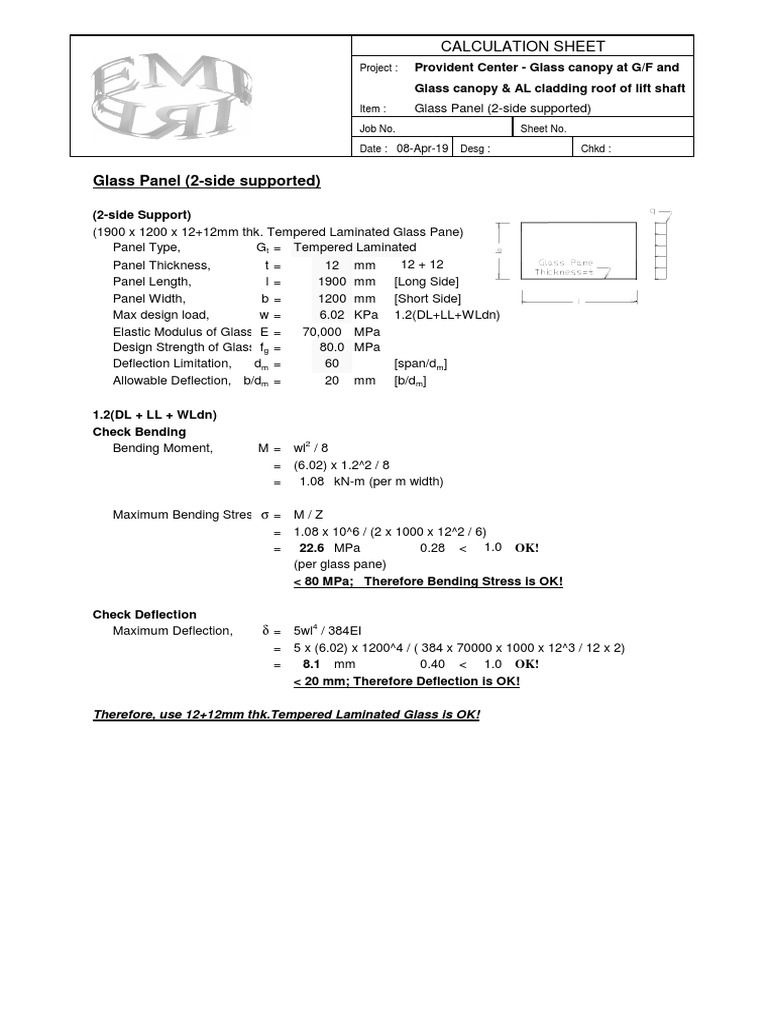 Glass Panel (2-Side Supported) : Calculation Sheet | PDF