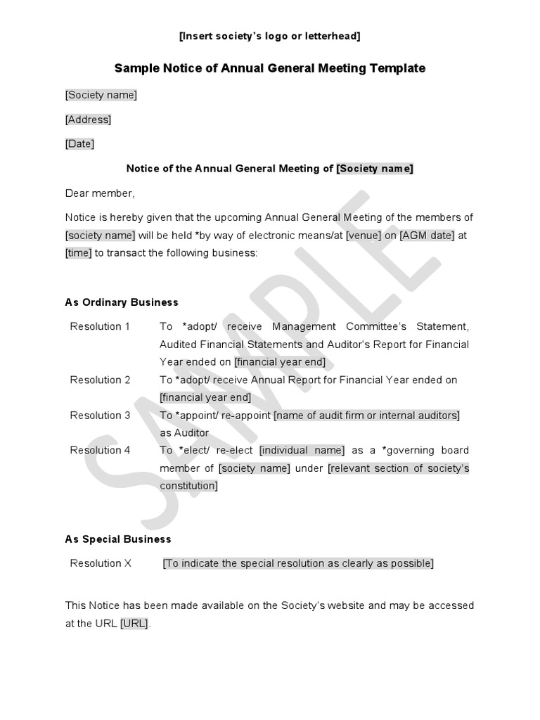 Sample Notice of Annual General Meeting Template | Download Free PDF ...