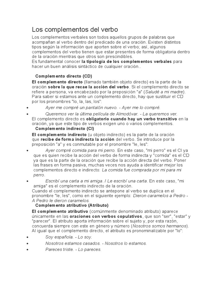 Los Complementos Del Verbo | PDF | Objeto (gramática) | Verbo