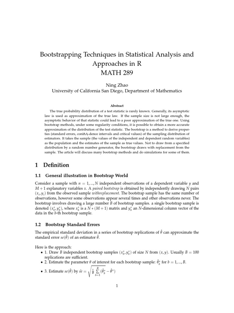 Bootstrapping Techniques in Statistical Analysis and Approaches in R MATH 289 | PDF ...