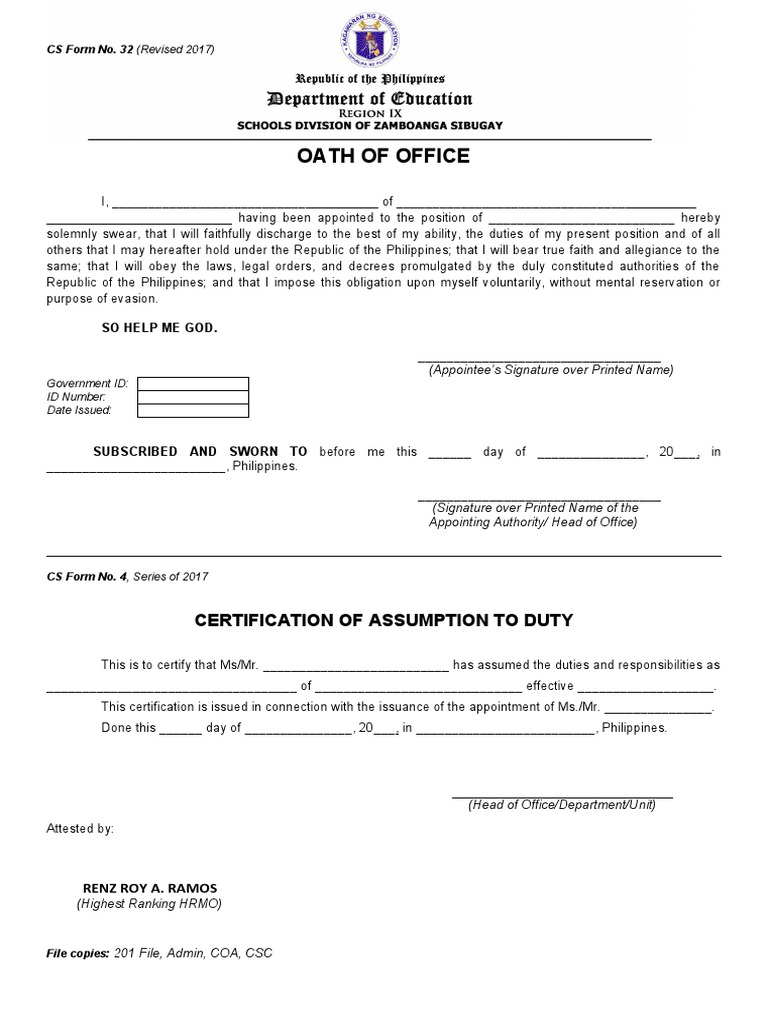 Oath of Office: Certification of Assumption To Duty | PDF