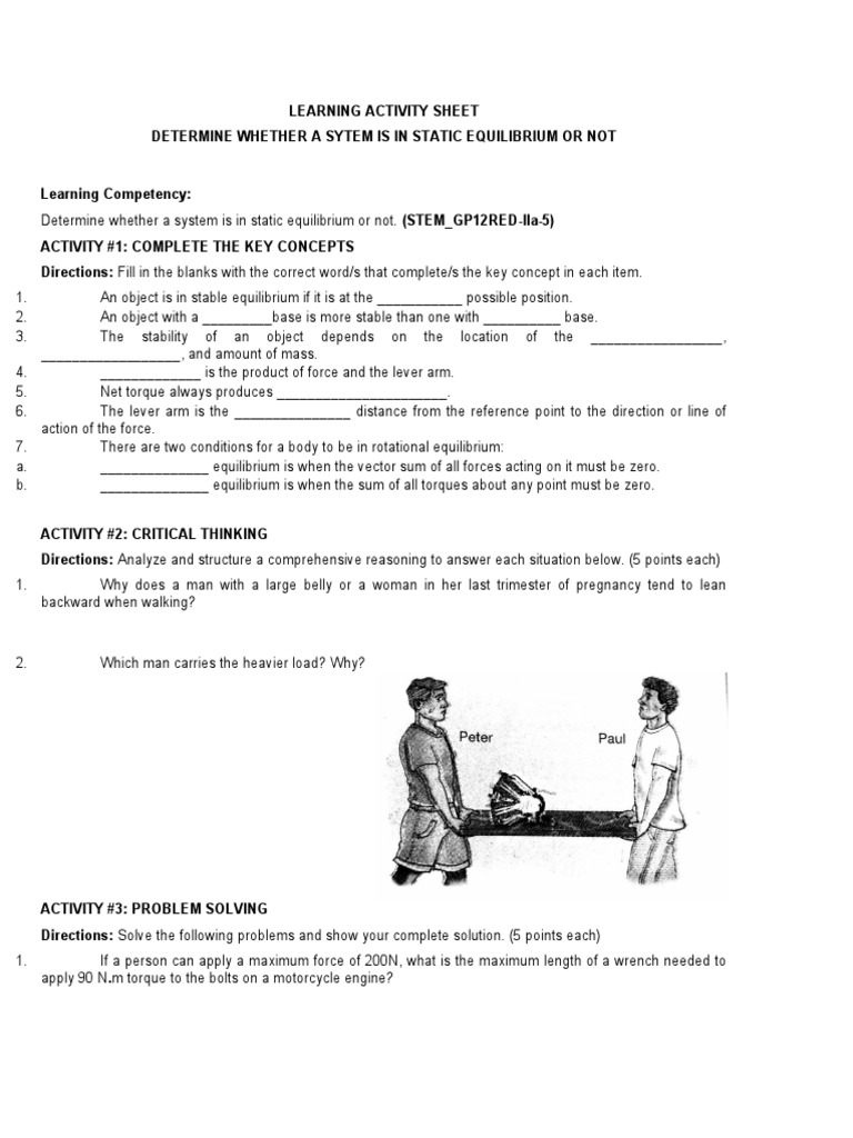 Static Equilibrium Learning Activity Sheet | PDF