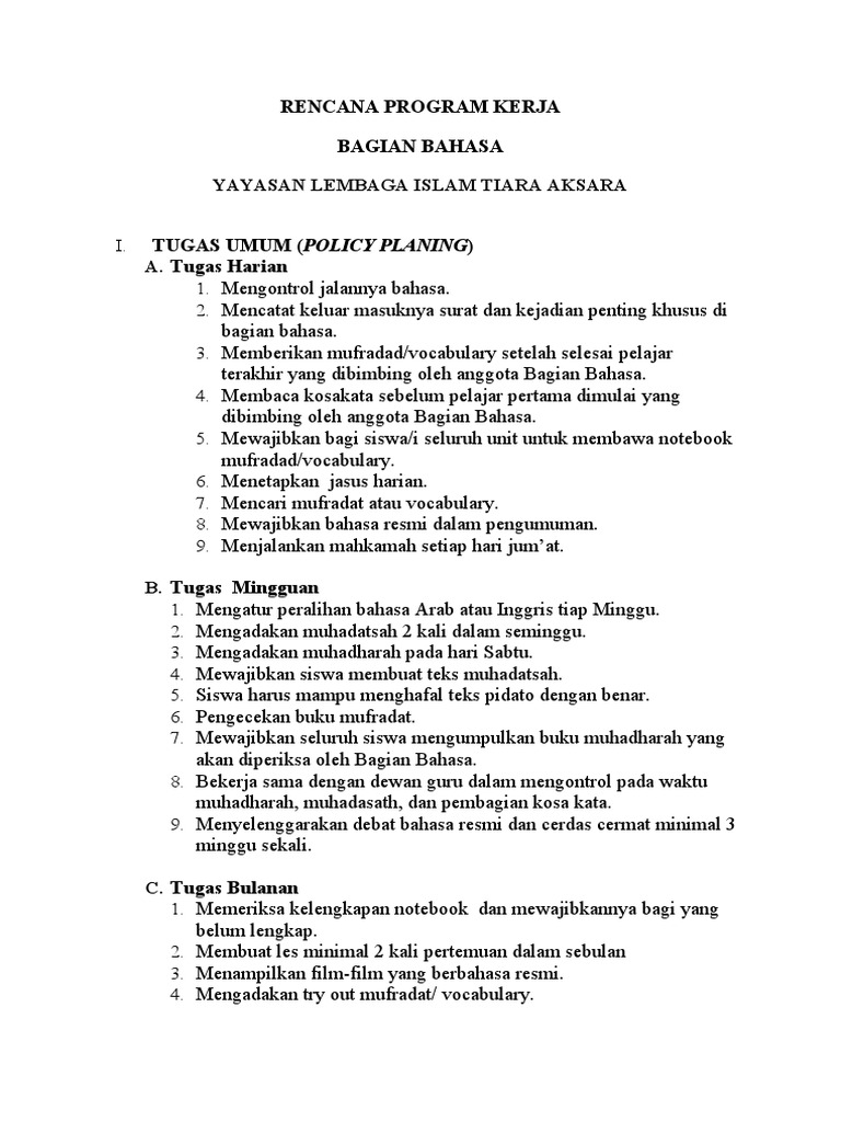 Rencana Program Kerja Bagian Bahasa | PDF