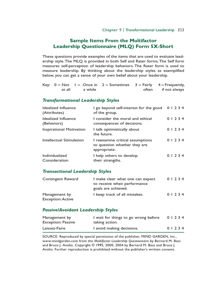 Sample Items From The Multifactor Leadership Questionnaire (MLQ) Form ...