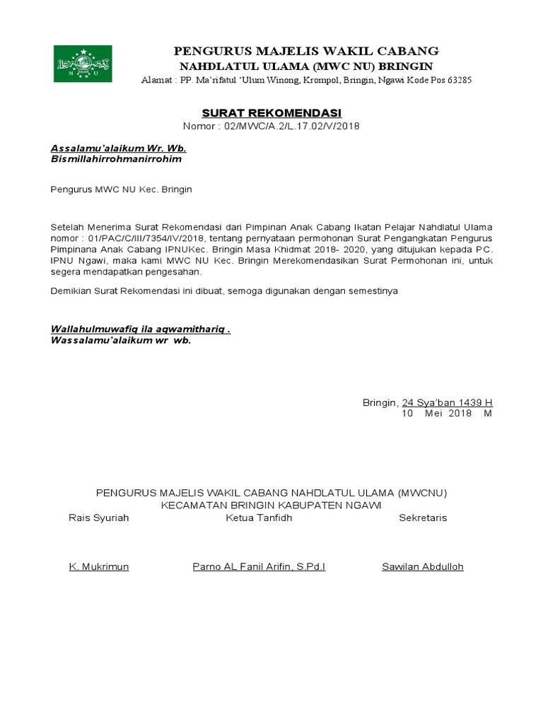Surat Rekomendasi MWC NU | PDF