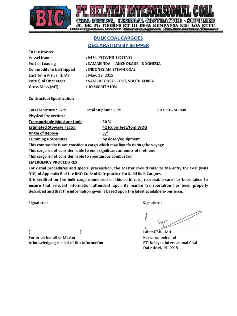 Declaration - MV Pan Flower - 19 Mei 2015 - BIC - GAR 47 | PDF