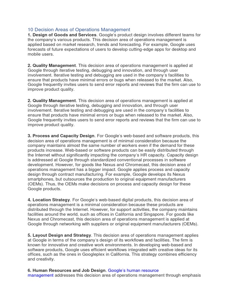 10 Decision Areas of Operations Management: Google 'S Human Resource ...
