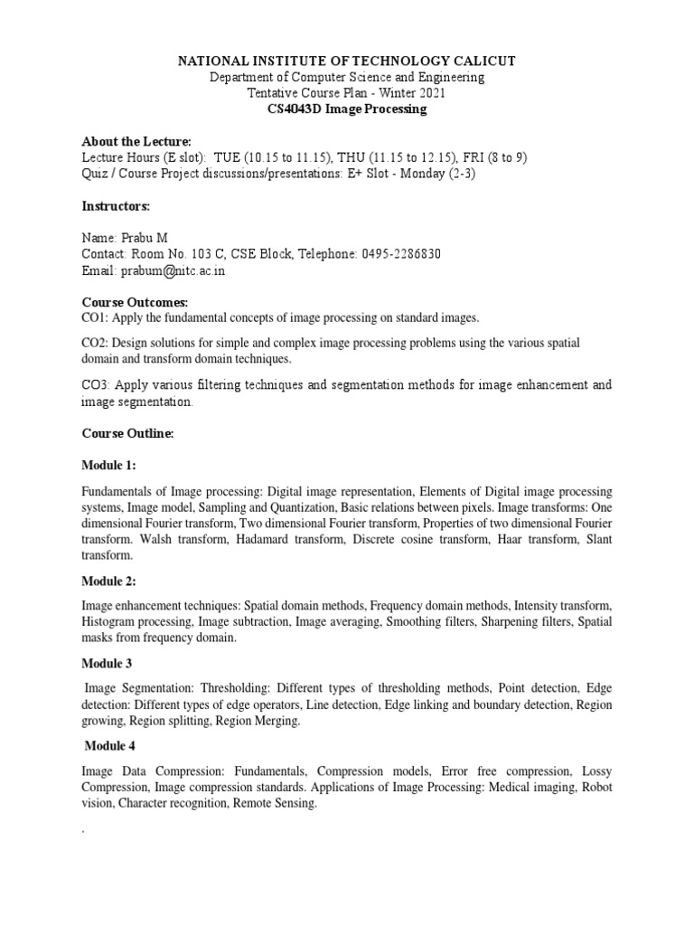 CS4043D Course Plan | PDF | Data Compression | Image Segmentation