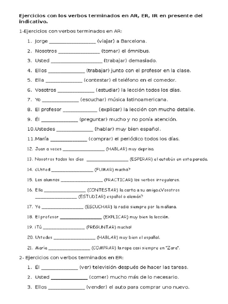 Lista Verbos - Ejercicios | PDF