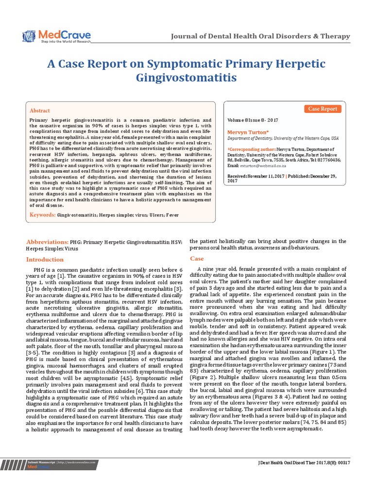 A Case Report On Symptomatic Primary Herpetic Gingivostomatitis (New ...