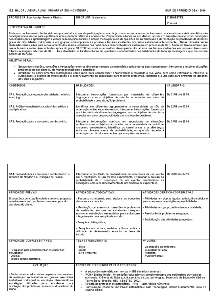 Guia de Aprendizagem Matemática 3 Série 3º Bimestre | PDF | Aprendizado ...