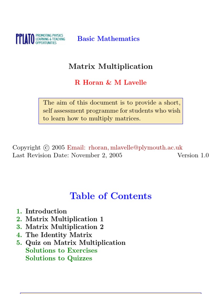 PlymouthUniversity MathsandStats Matrix Multiplication | PDF | Matrix ...