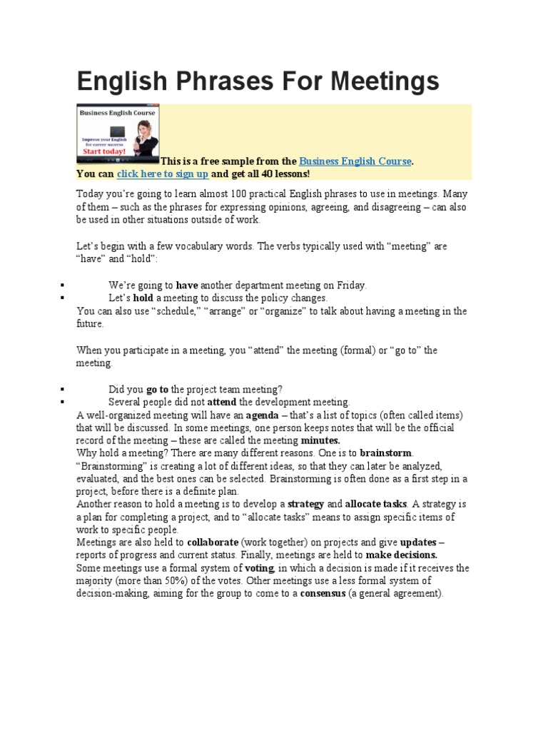 Essential English Phrases For Productive And Efficient Meetings Pdf