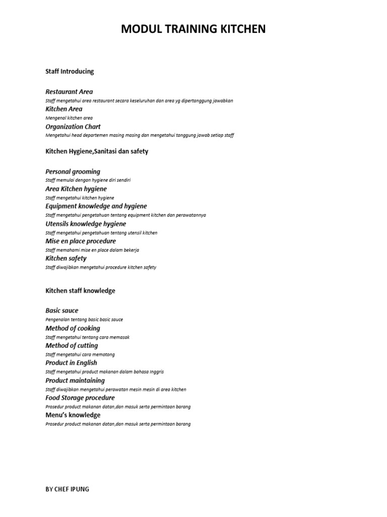 Modul Pelatihan Staf Dapur | PDF | Memasak, Makanan, & Anggur ...