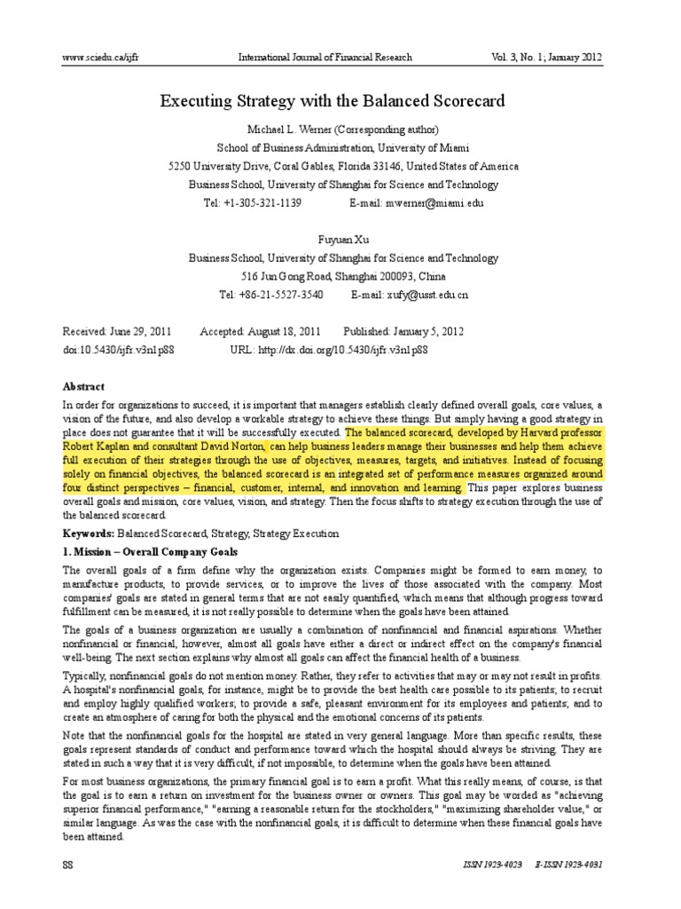 Strategic Execution Through the Balanced Scorecard: An Analysis of How ...