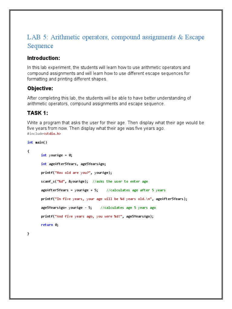 LAB 5: Arithmetic Operators, Compound Assignments & Escape Sequence ...